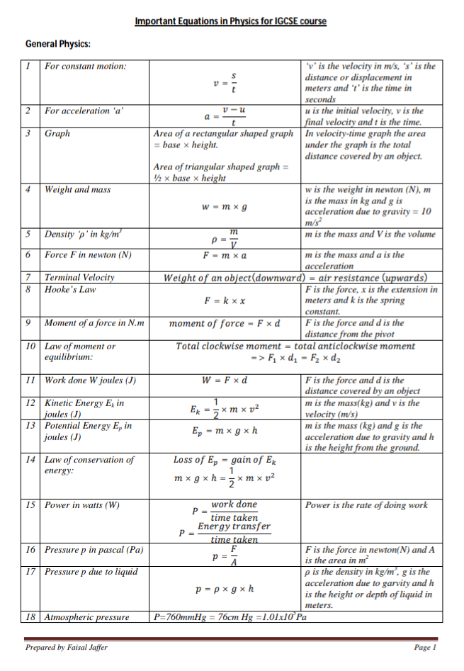 IGCSE PHYSICS FORMULAS BY FAISAL JAFFER EdMaths
